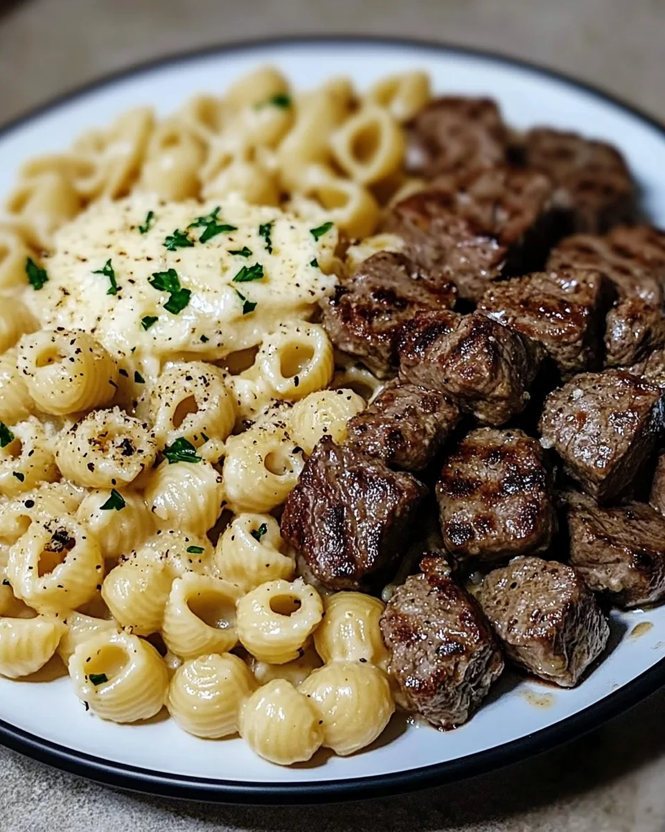 Creamy Parmesan Shell Pasta With Garlic Butter Steak Cubes